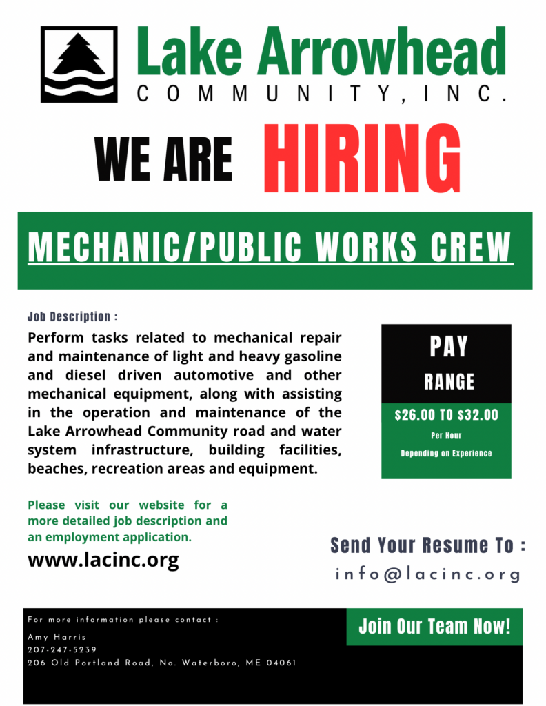 Help Wanted – Mechanic/Public Works Crew | Lake Arrowhead Community